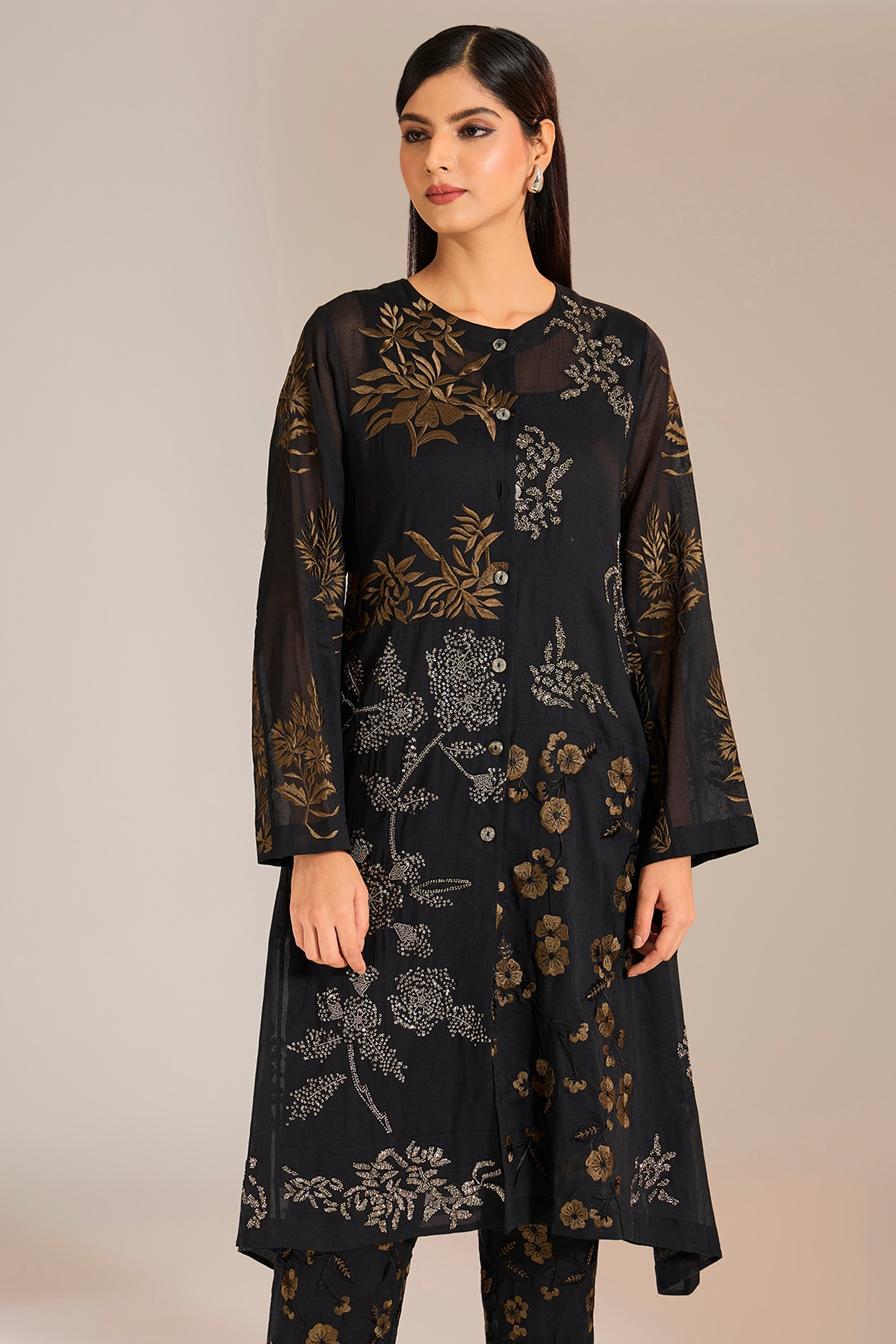 Black Handloom Cotton Thread Work Jacket by Peachoo at Pernia's Pop Up ...