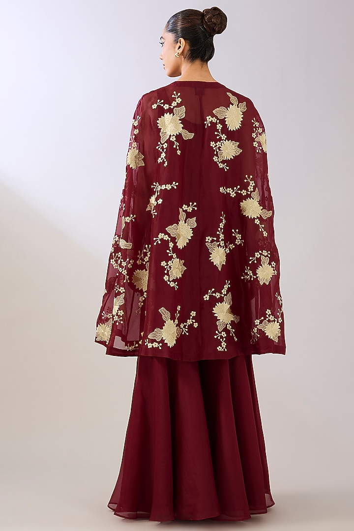 Ruby Red Silk Organza Thread Embroidered Cape by Peachoo at Pernia's ...