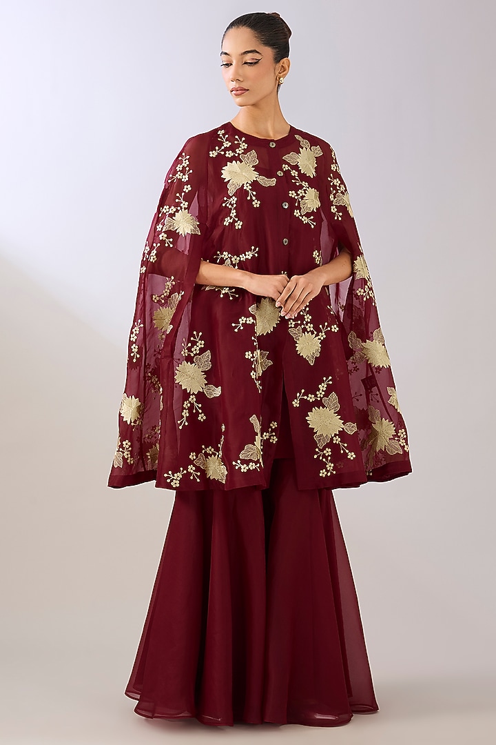 Ruby Red Silk Organza Thread Embroidered Cape by Peachoo at Pernia's ...