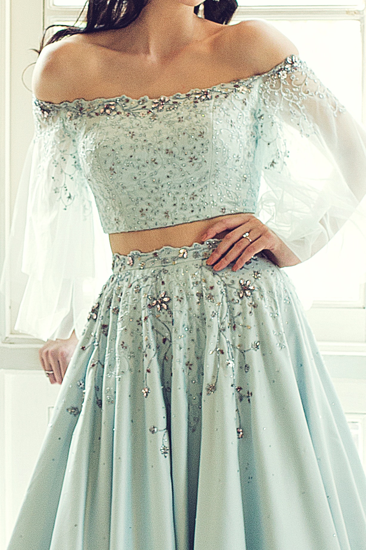 Light Blue Hand Embroidered Flared Lehenga Set Design by Pooja Peshoria ...