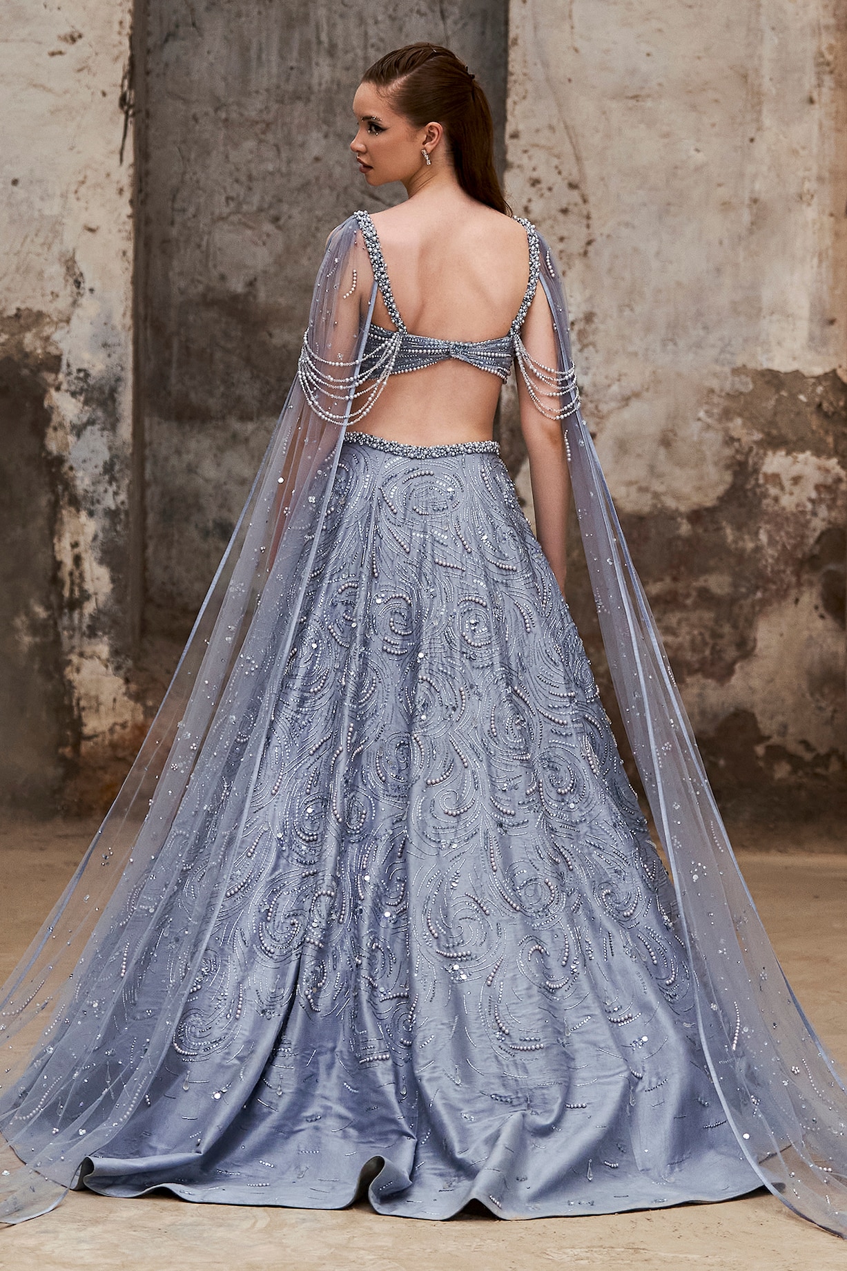 Light Blue Silk & Net Hand Embroidered Bridal Lehenga Set by Pooja ...