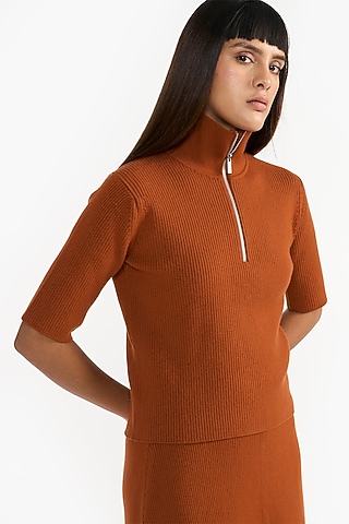 Burnt Tan Merino Wool Knitted Top by PERONA at Pernia's Pop Up Shop 2025