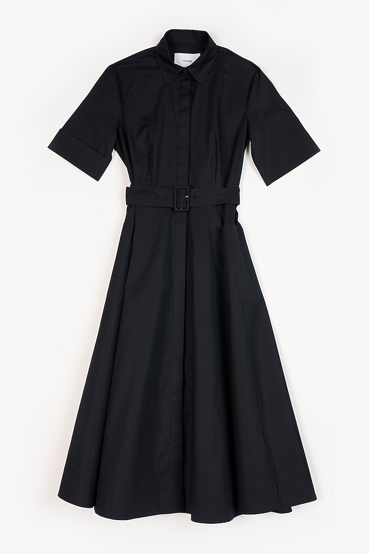 Black Cotton & Elastane Pleated Shirt Dress Design by PERONA at Pernia ...