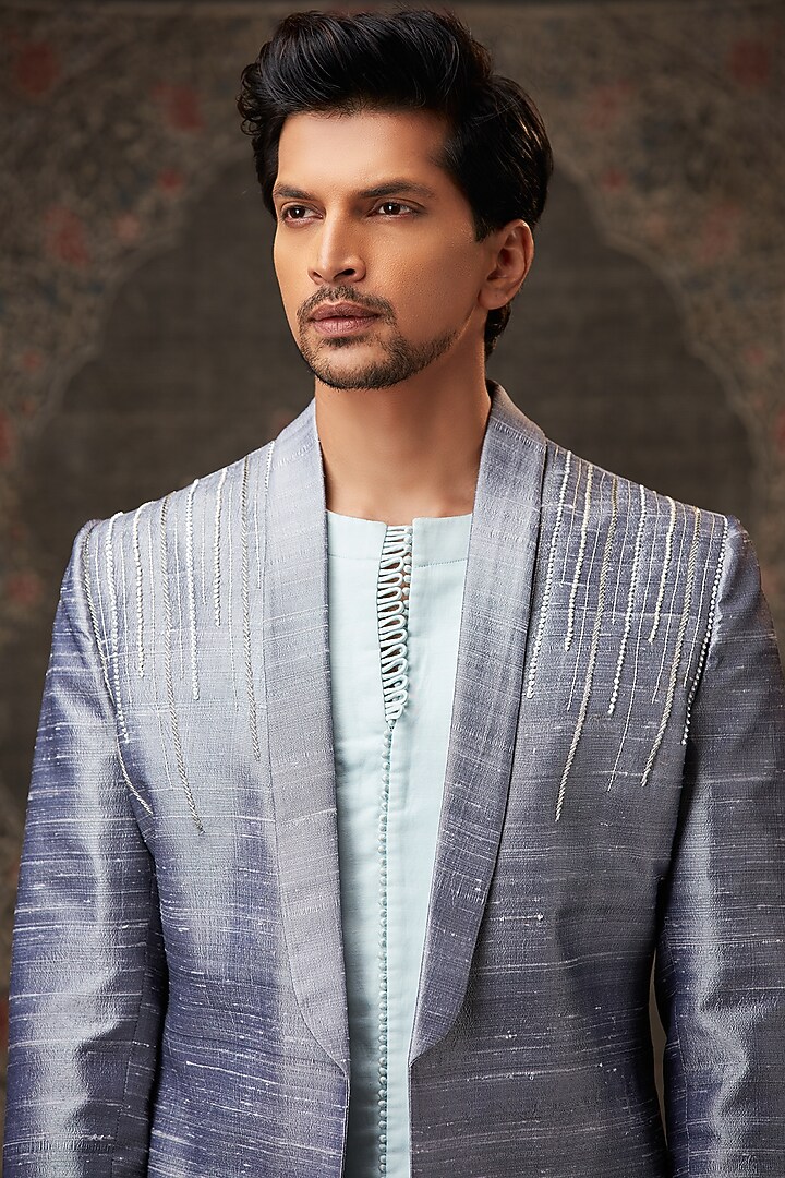 Grey Raw Silk Indo-Western Jacket Set Design by Pesha Men at Pernia's ...