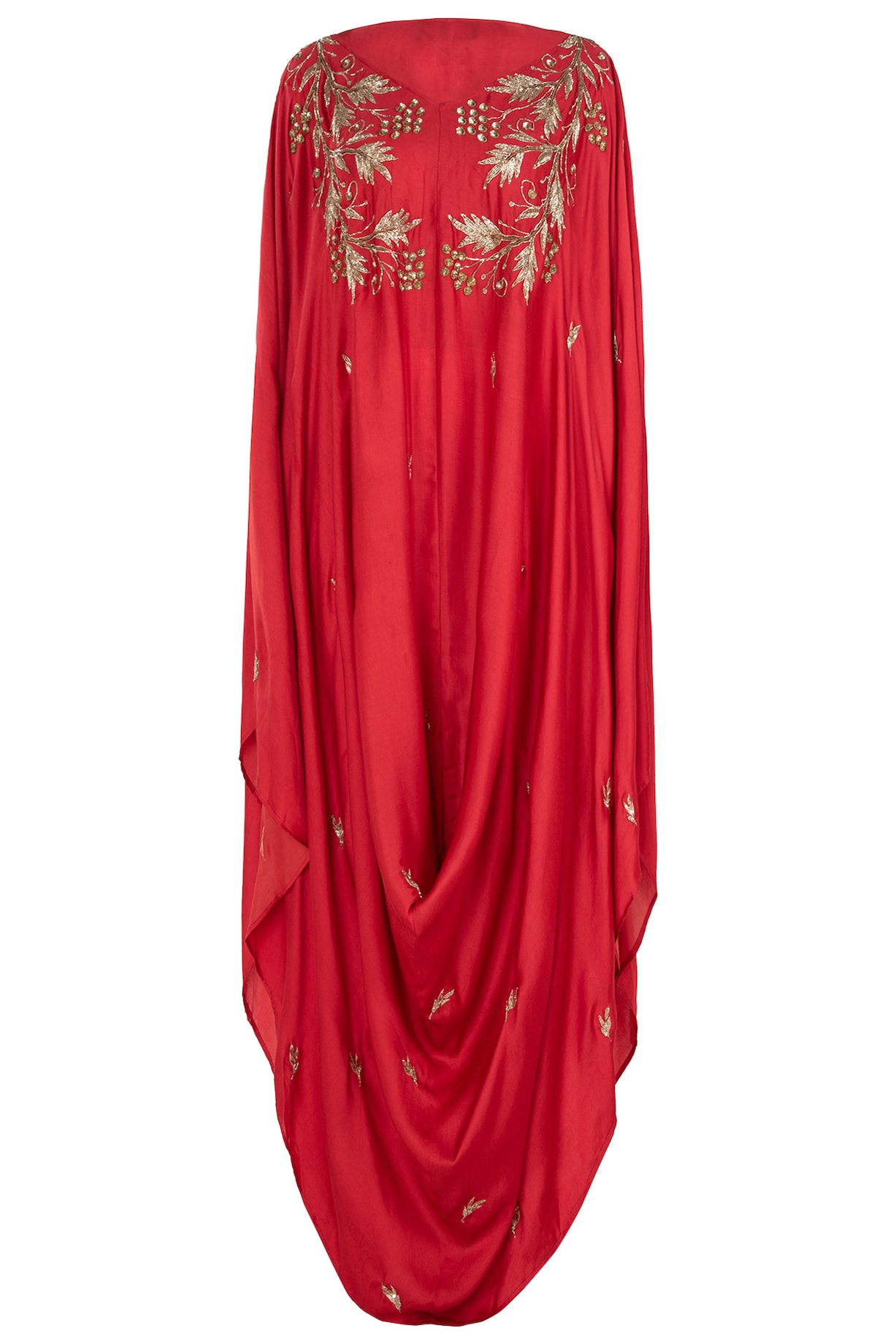 Red embellished cowl cape with white palazzo pants available only at ...