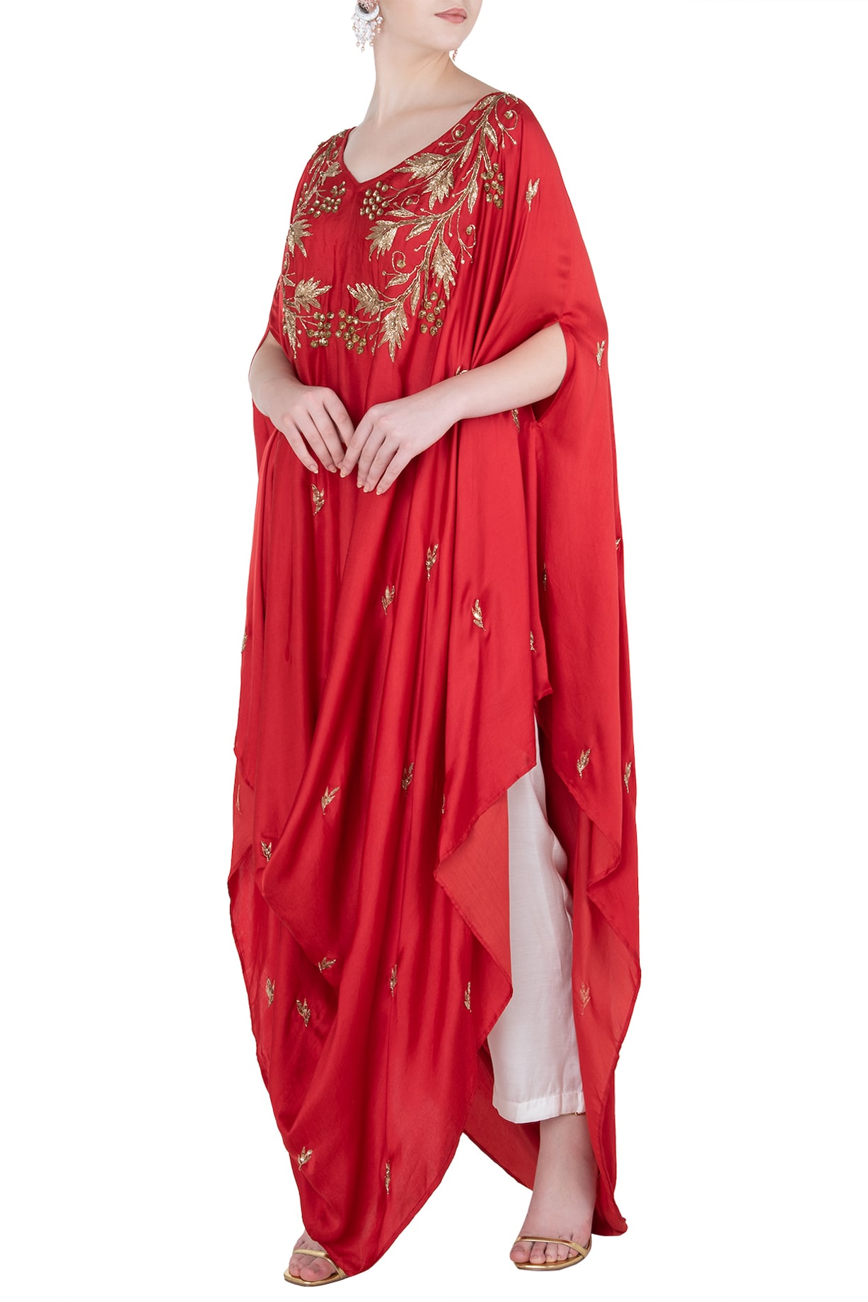 Red embellished cowl cape with white palazzo pants available only at ...