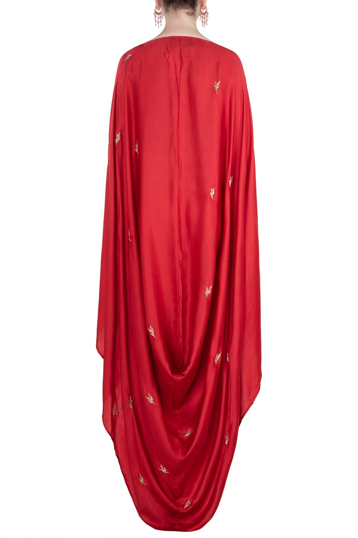Red embellished cowl cape with white palazzo pants available only at ...