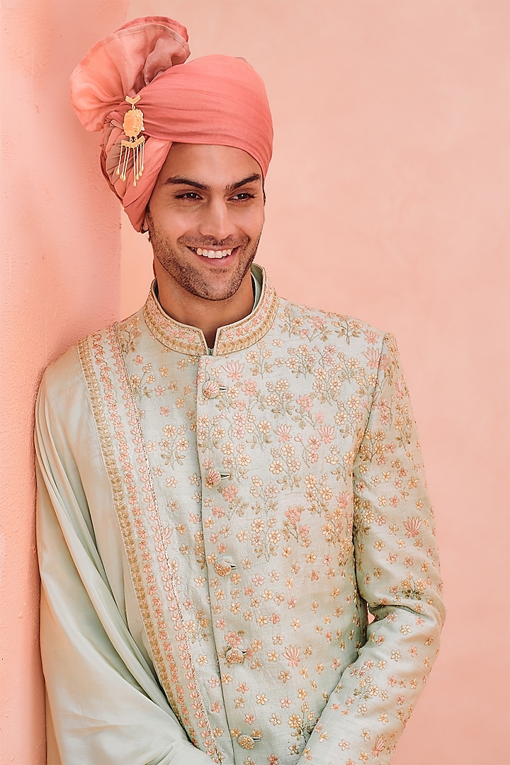 Pastel Green Silk Embroidered Groom Sherwani Set by Philocaly at Pernia ...