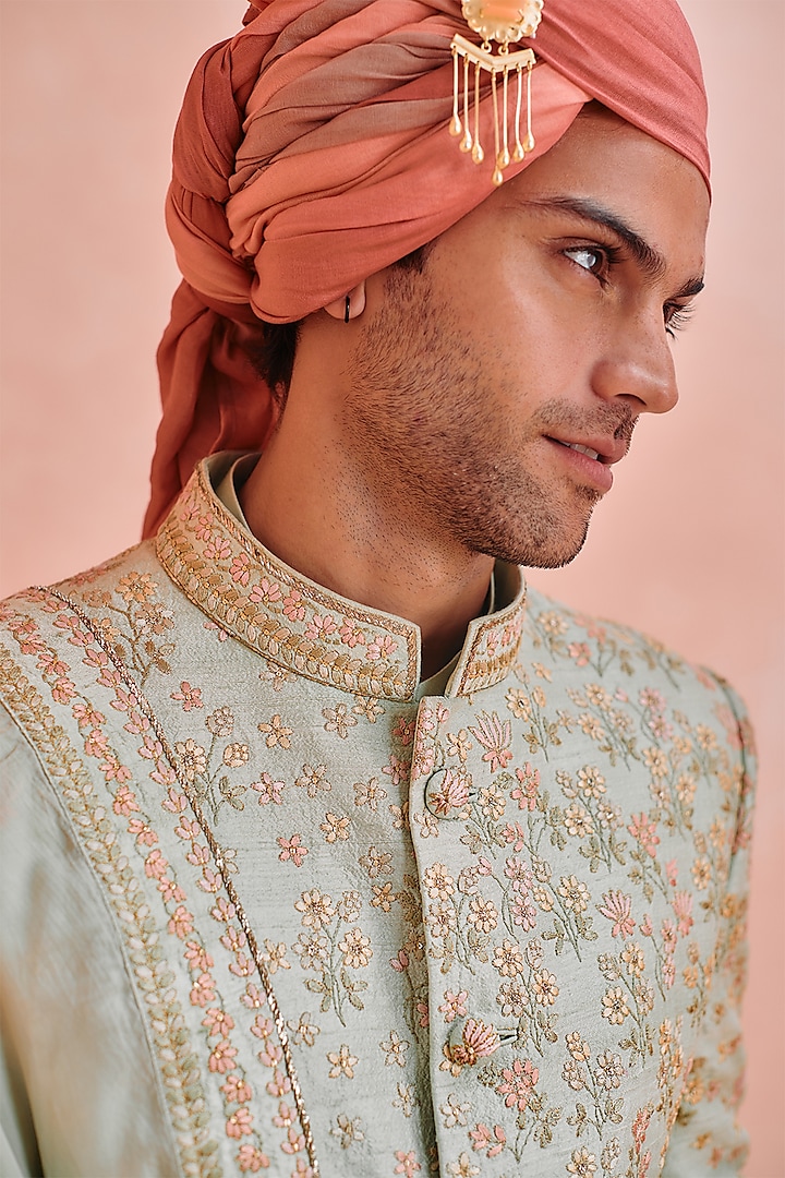 Pastel Green Silk Embroidered Groom Sherwani Set by Philocaly at Pernia ...