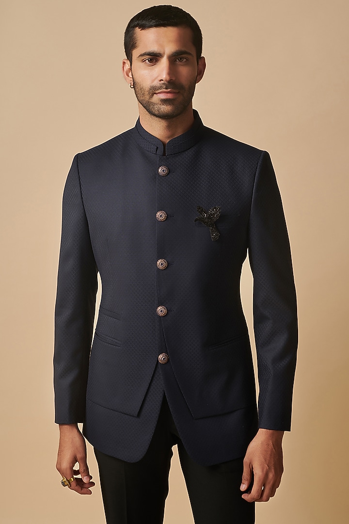 Navy Blue Jacquard Bandhgala Jacket by Philocaly at Pernia's Pop Up ...