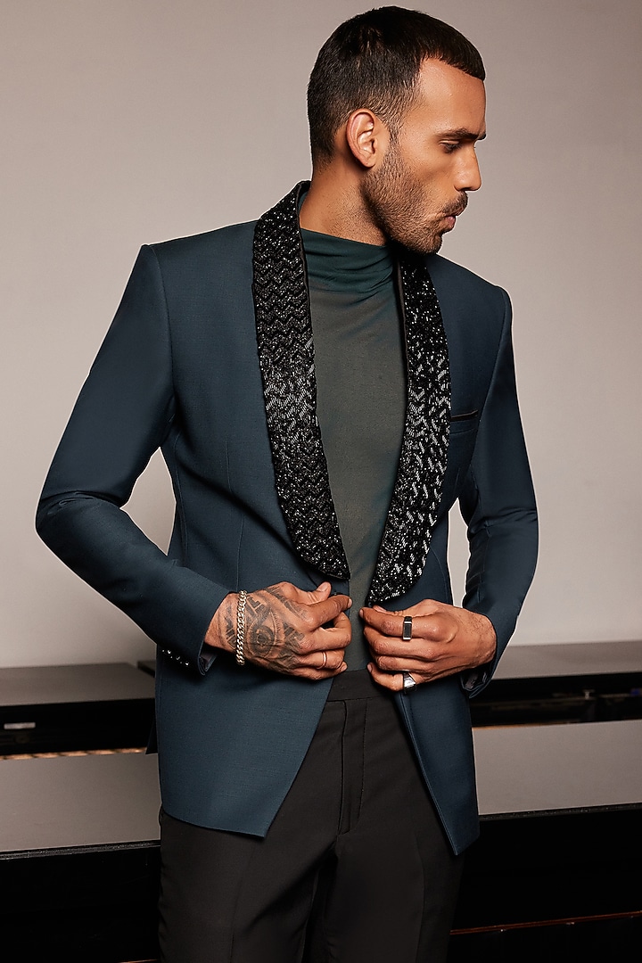 Emerald Green Wool Blend Hand Embroidered Tuxedo by Philocaly at Pernia ...