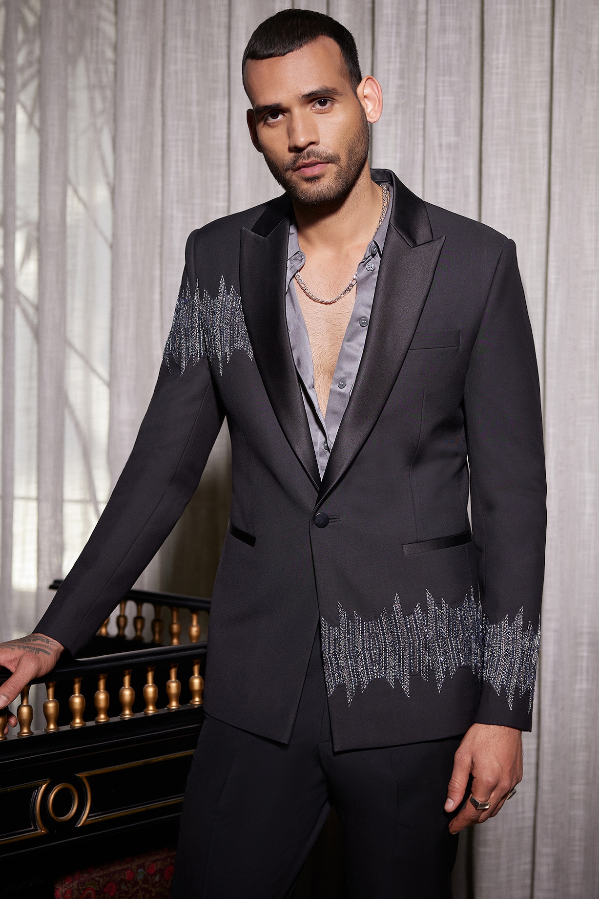 Black Perennial Wool Metallic Embroidered Tuxedo by Philocaly at Pernia ...