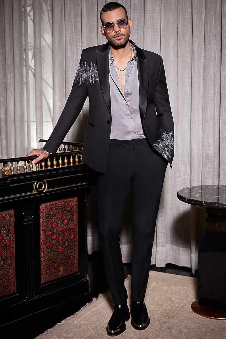 Black Perennial Wool Metallic Embroidered Tuxedo Design by Philocaly at ...