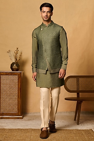 Forest Green Silk Blend Dori Embroidered Bundi Jacket Set by Philocaly ...