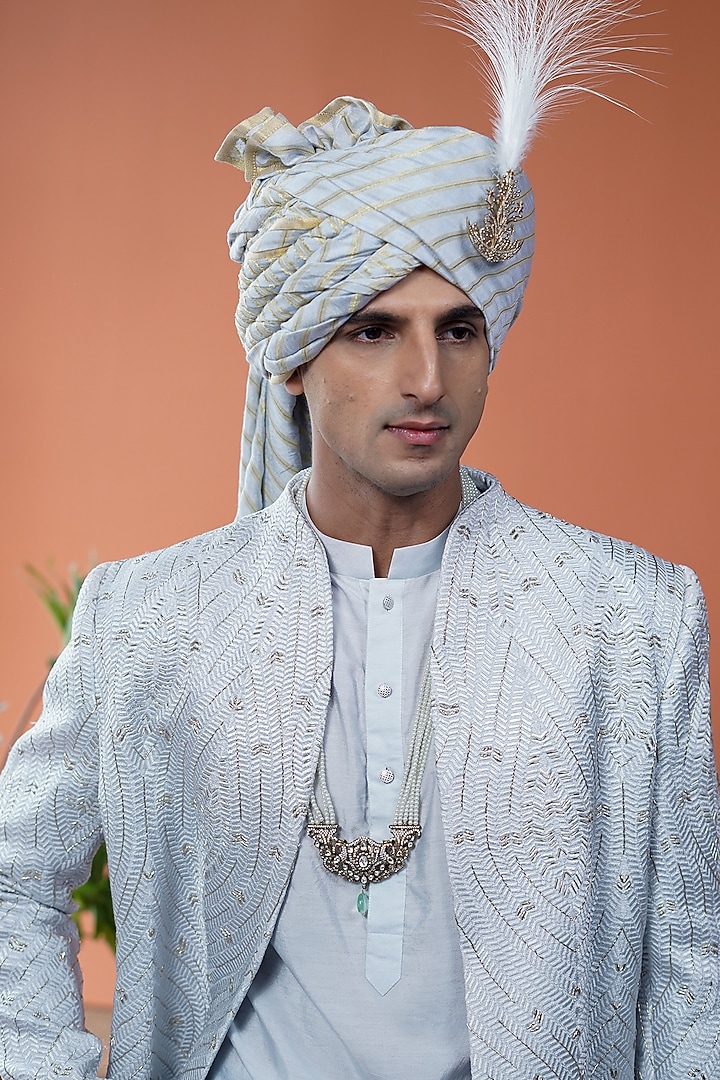 Light Blue Silk Zardosi Embroidered Groom Sherwani Set by Philocaly at ...