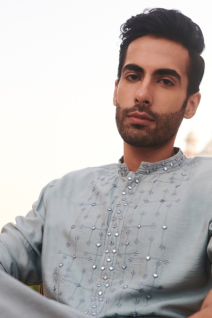 Dusty Blue COtton Silk Mirror Work Kurta by Philocaly at Pernia's Pop ...
