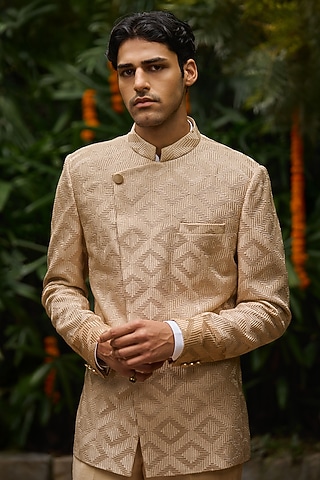 Beige Silk Embroidered Asymmetric Overlapped Bandhgala by Philocaly at ...