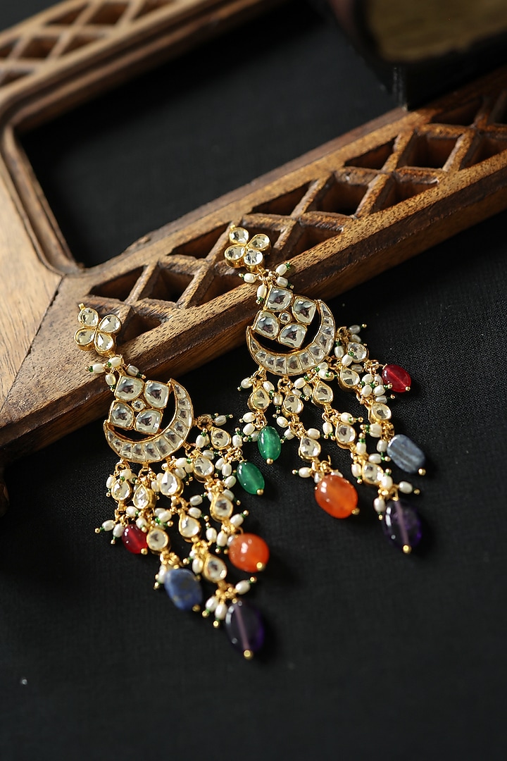 Gold Plated Floral Kundan & Multi-Colored Stone Dangler Earrings by Do ...