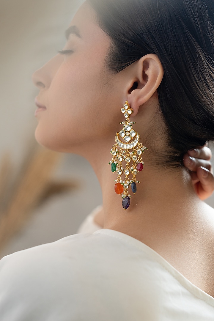 Gold Plated Floral Kundan & Multi-Colored Stone Dangler Earrings by Do ...