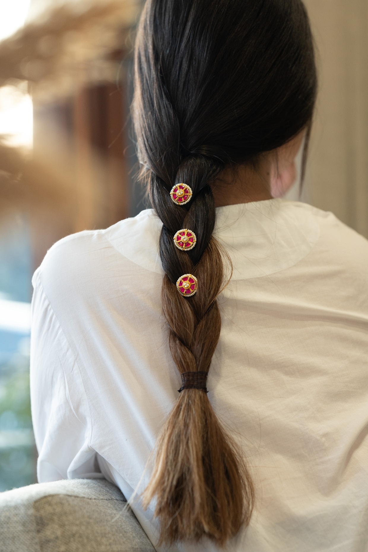 Gold Plated Red Kundan & Pearl Braid Pins (Set of 3) by Do Taara at ...