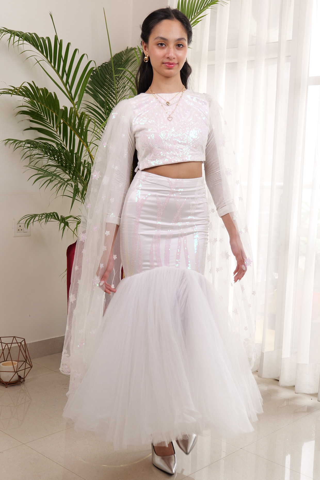 White Net Sequins Fish-Cut Lehenga Set For Girls by PiccoRicco at ...