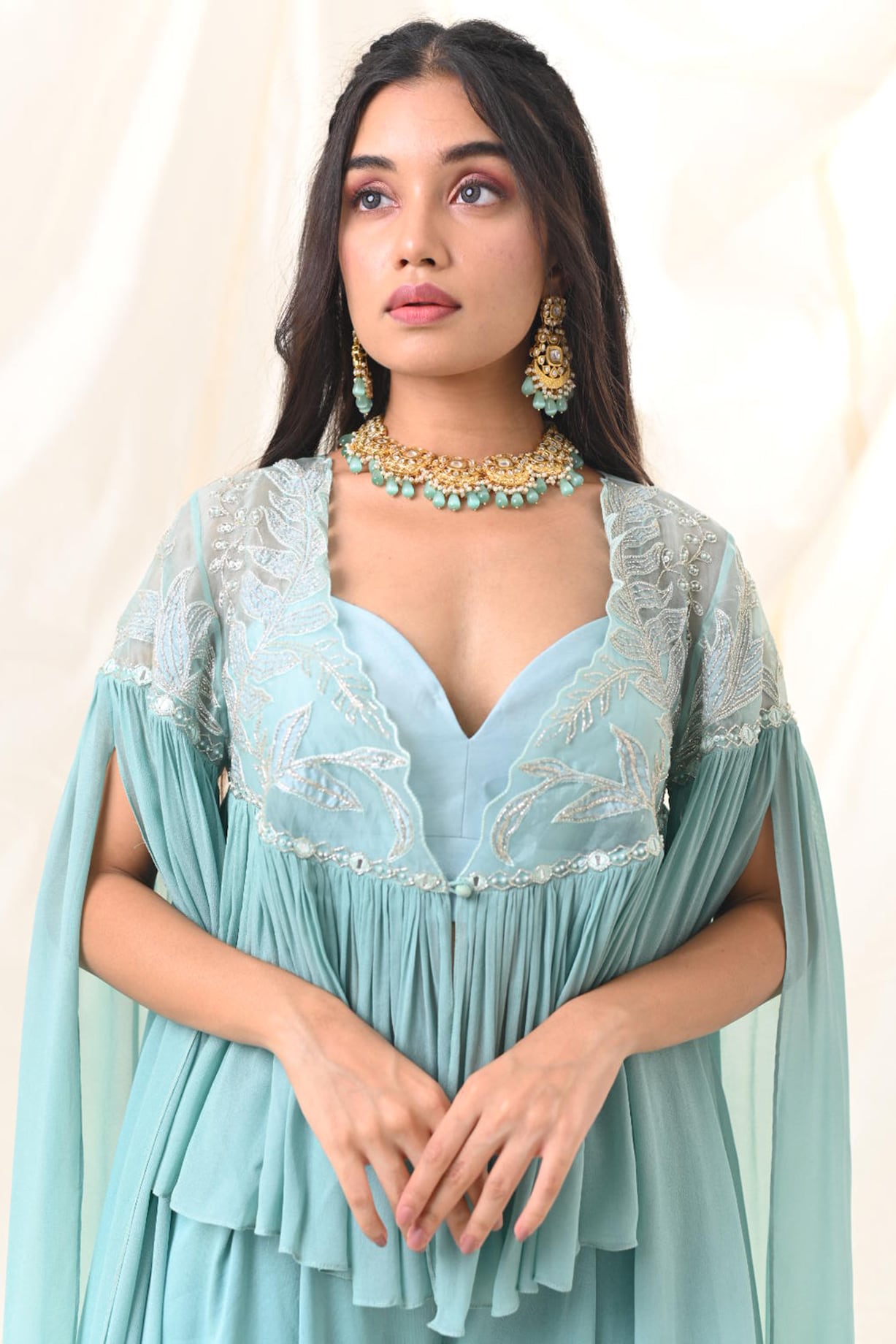 Pastel Turquoise Pearl Embroidered Jacket Set Design by Piri India at ...