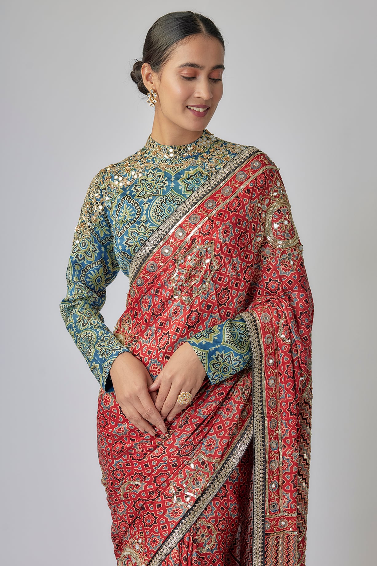 Earthy Red Modal Satin Ajrakh Hand Embroidered Saree Set by Priyanka ...