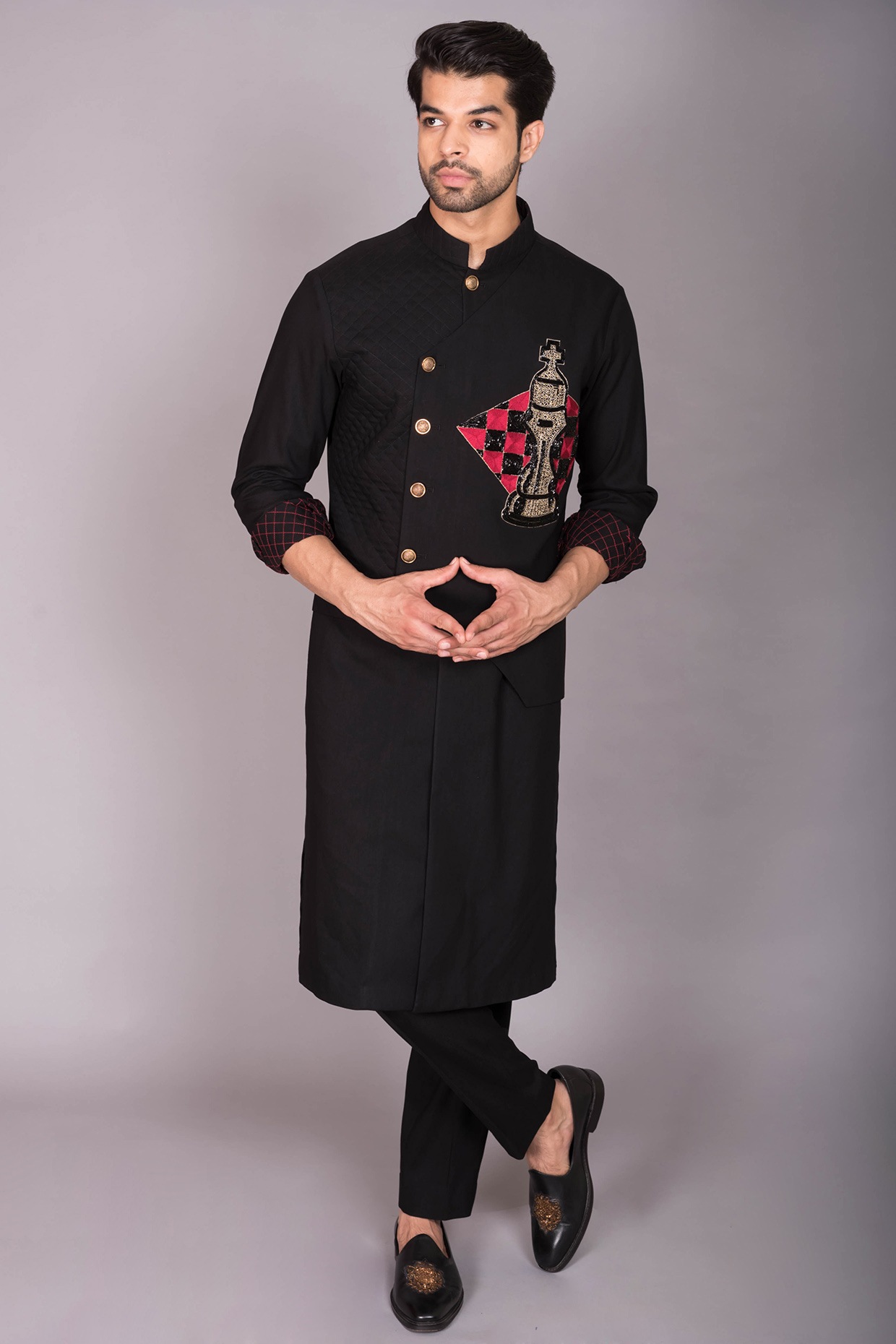 Black Japanese Polynosic Quilted & Hand Embroidered Kurta Set by PKIN ...