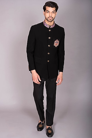 Black Japanese Polynosic Thread Embroidered Bandhgala Set by PKIN at ...