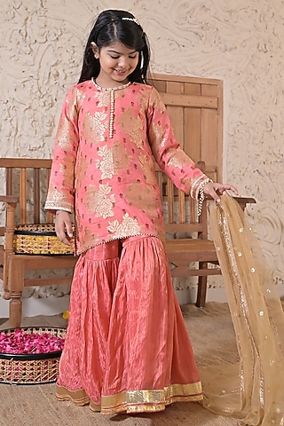 Rusty Pink Striped Tissue Sharara Set For Girls by The Plum Bum at ...