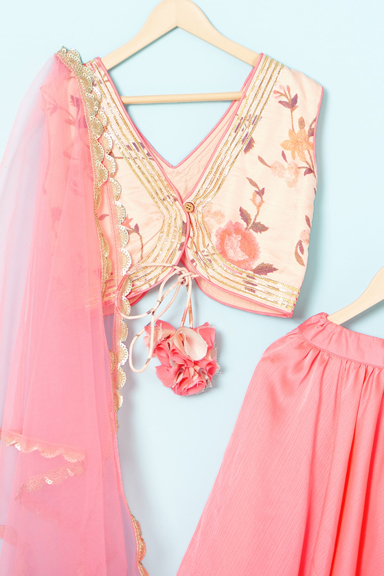 Peachy Pink Satin Chiffon & Net Lehenga Set For Girls by The Plum Bum at Pernia's Pop Up Shop 2025