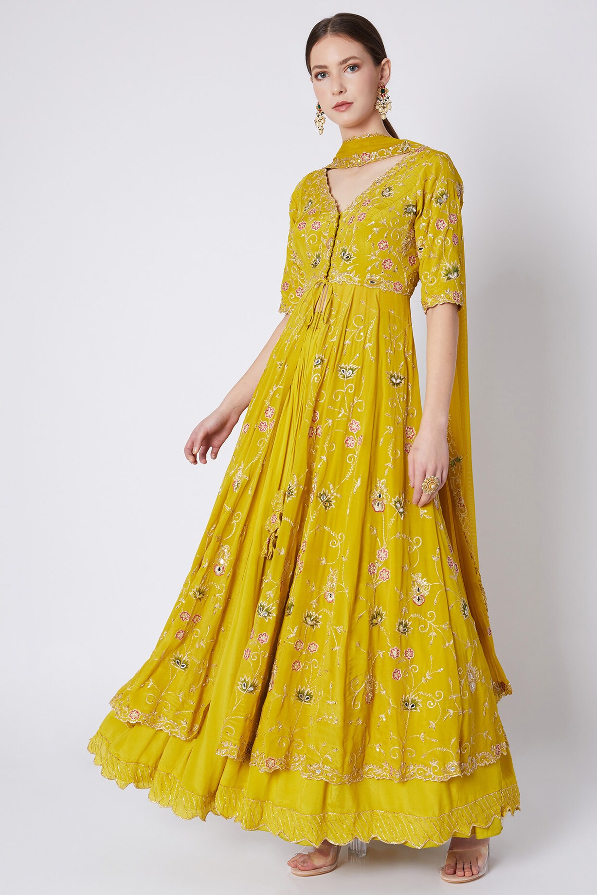 Lemon Yellow Kasturi Crepe Mirror Embroidered Jacket Set by Pleats by ...