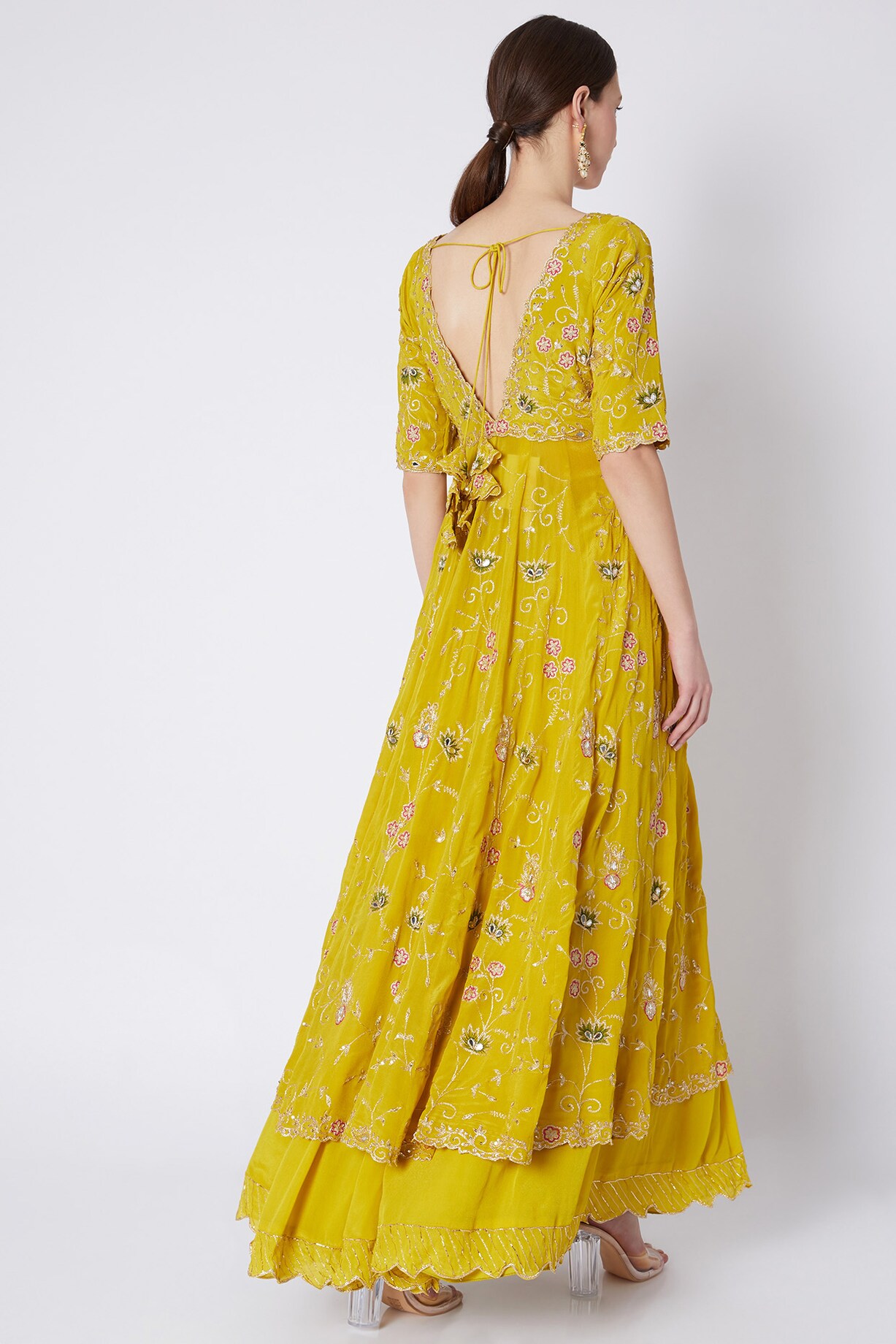 Lemon Yellow Kasturi Crepe Mirror Embroidered Jacket Set by Pleats by ...