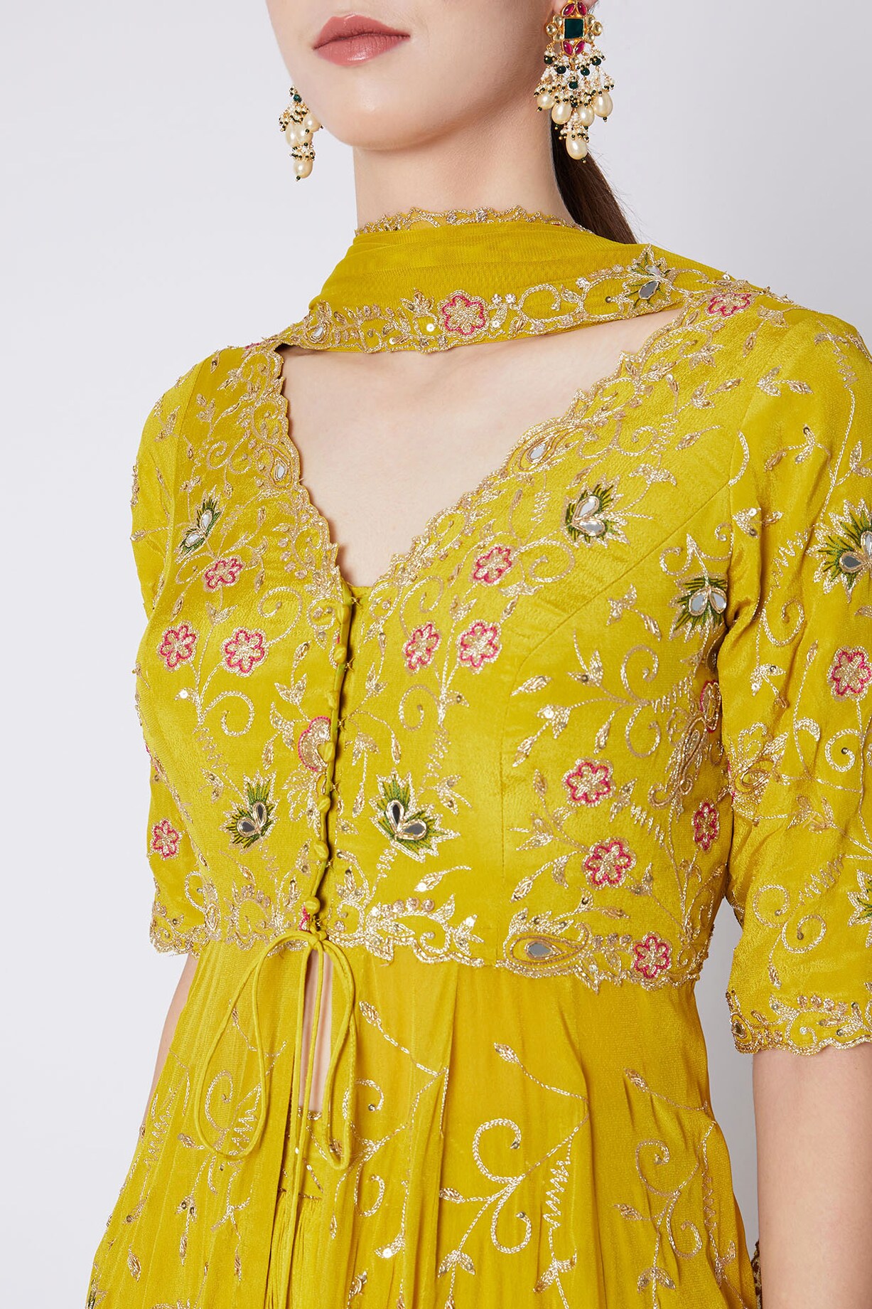 Lemon Yellow Embroidered Jacket Set Design by Pleats by Kaksha & Dimple ...