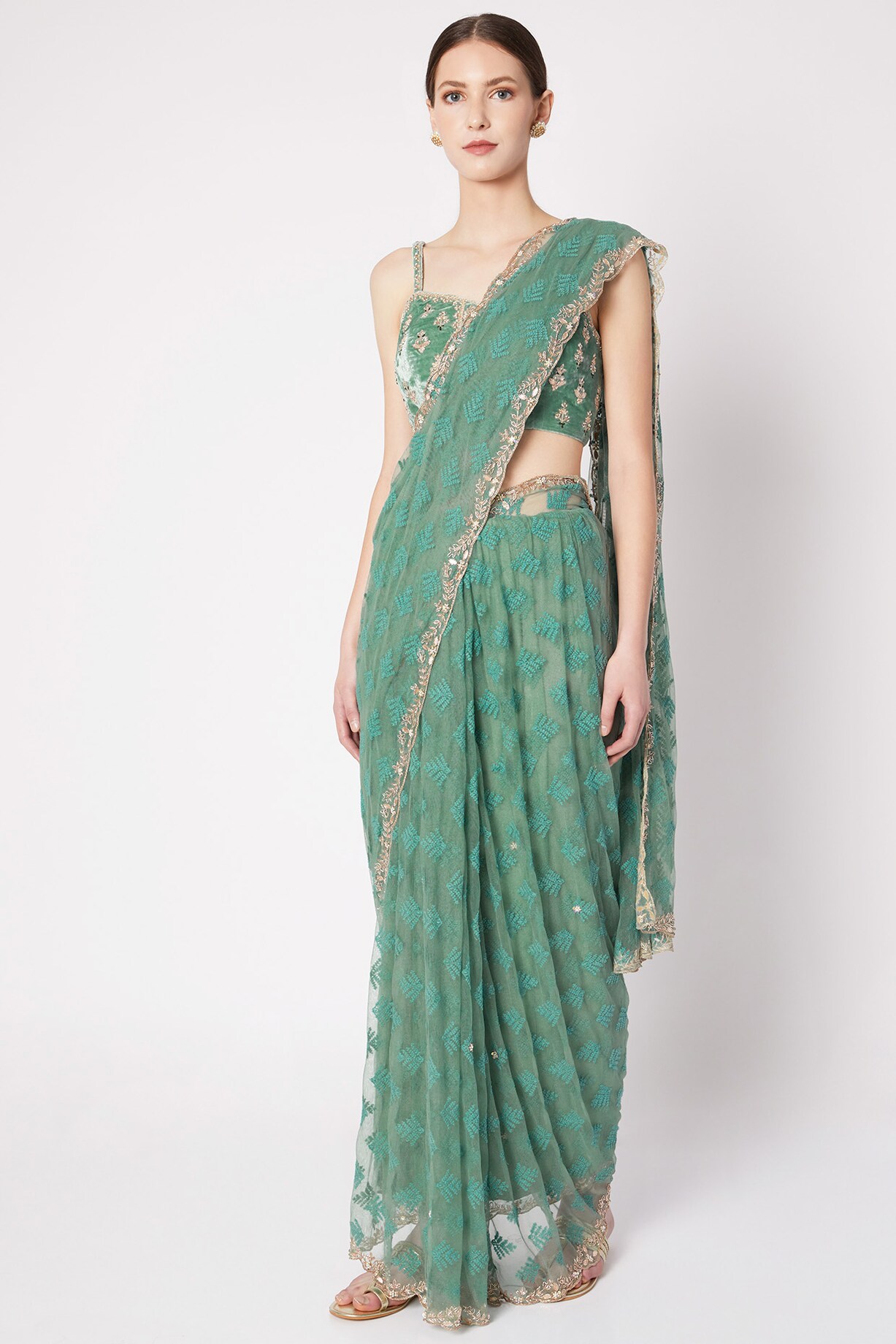Aqua Blue Embroidered Saree Set Design by Pleats by Kaksha & Dimple at ...