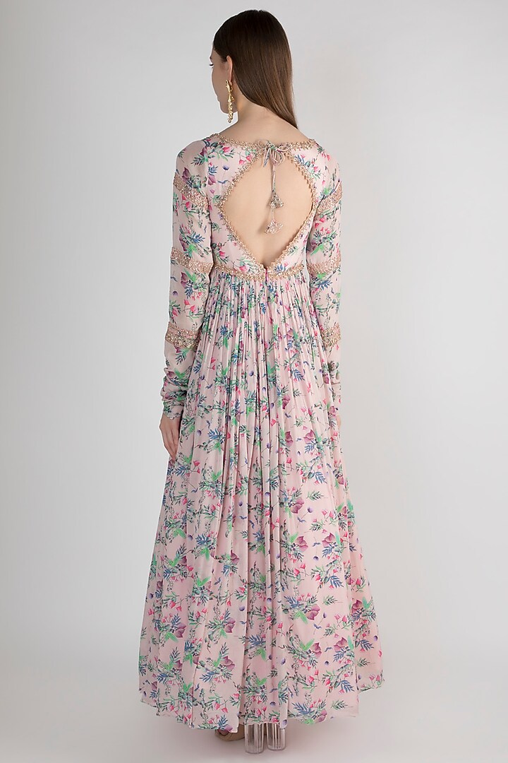 Pale Pink Anarkali With Shaded Blue Dupatta Design by Pleats by Kaksha ...