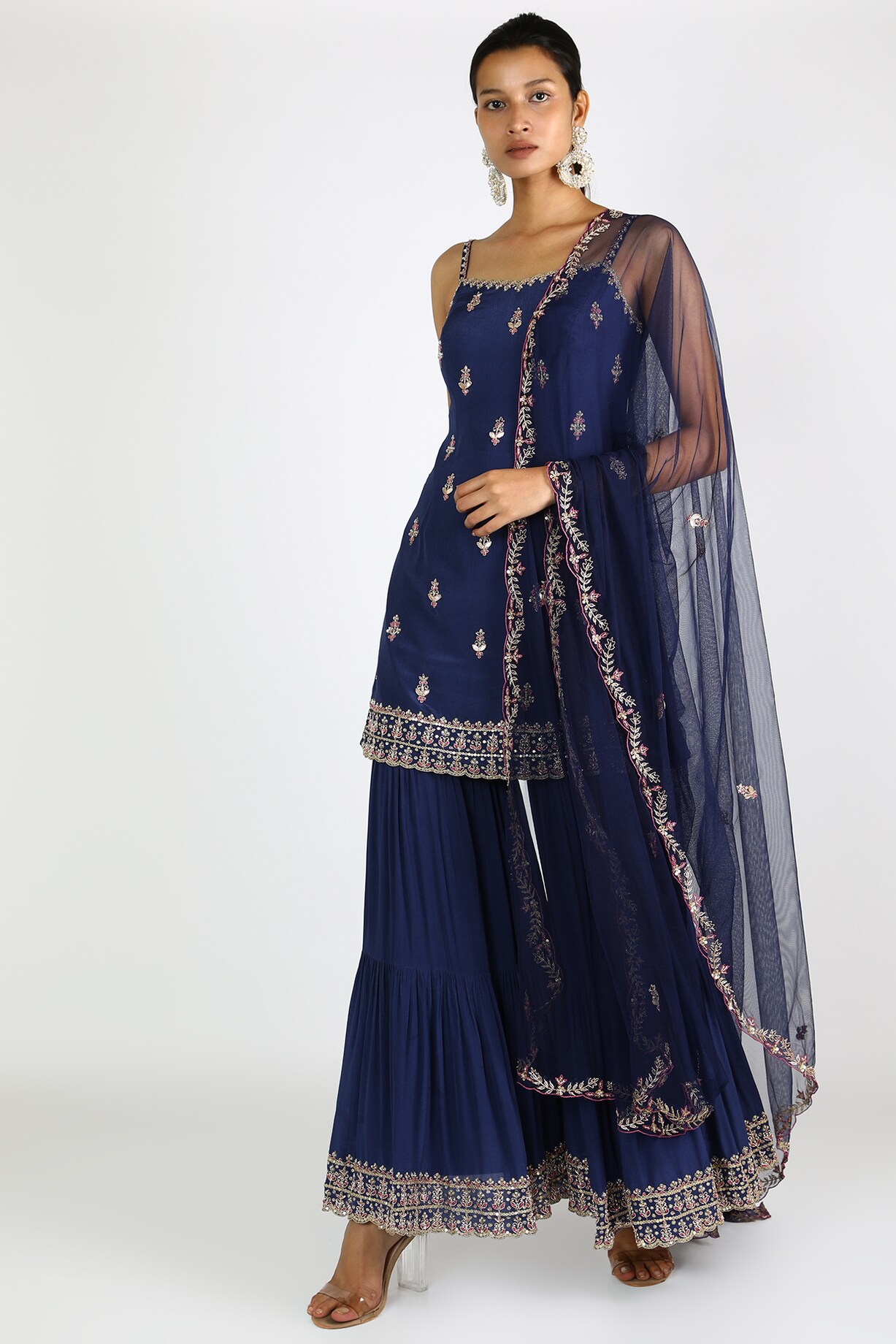 Cobalt Blue Embroidered Sharara Set Design by Pleats By Kaksha & Dimple ...
