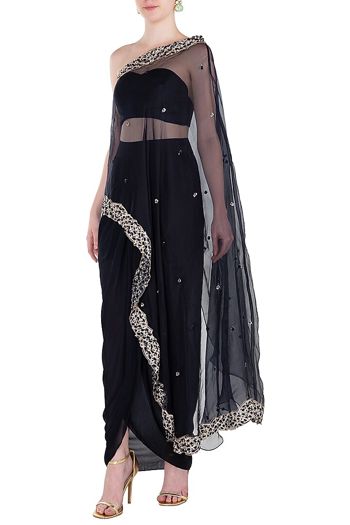 Black embroidered one shoulder cape with bustier and palazzo pants ...