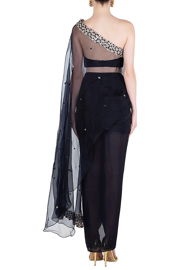 Black embroidered one shoulder cape with bustier and palazzo pants ...