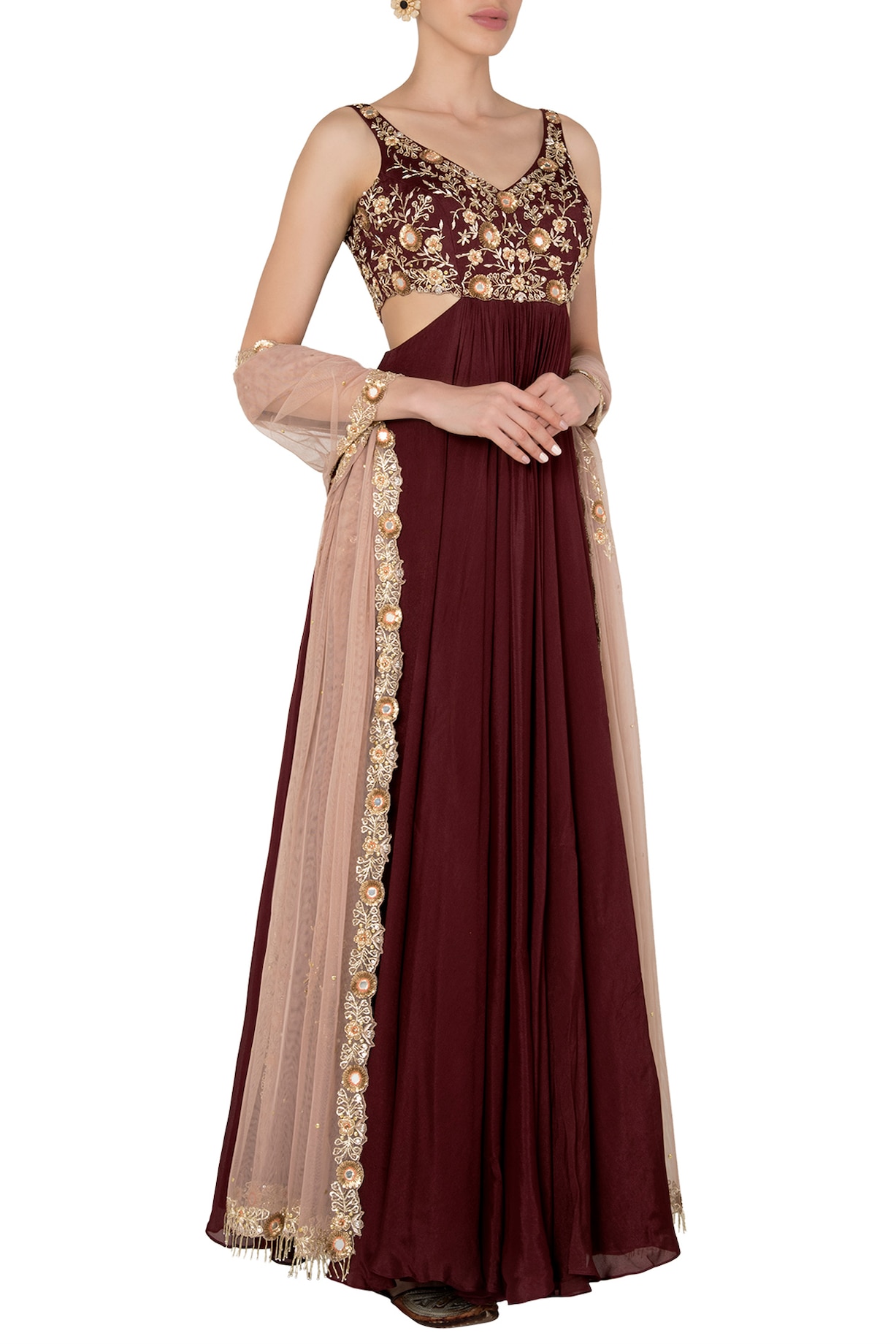 Maroon sleeveless anarkali with cutout detailing available only at ...