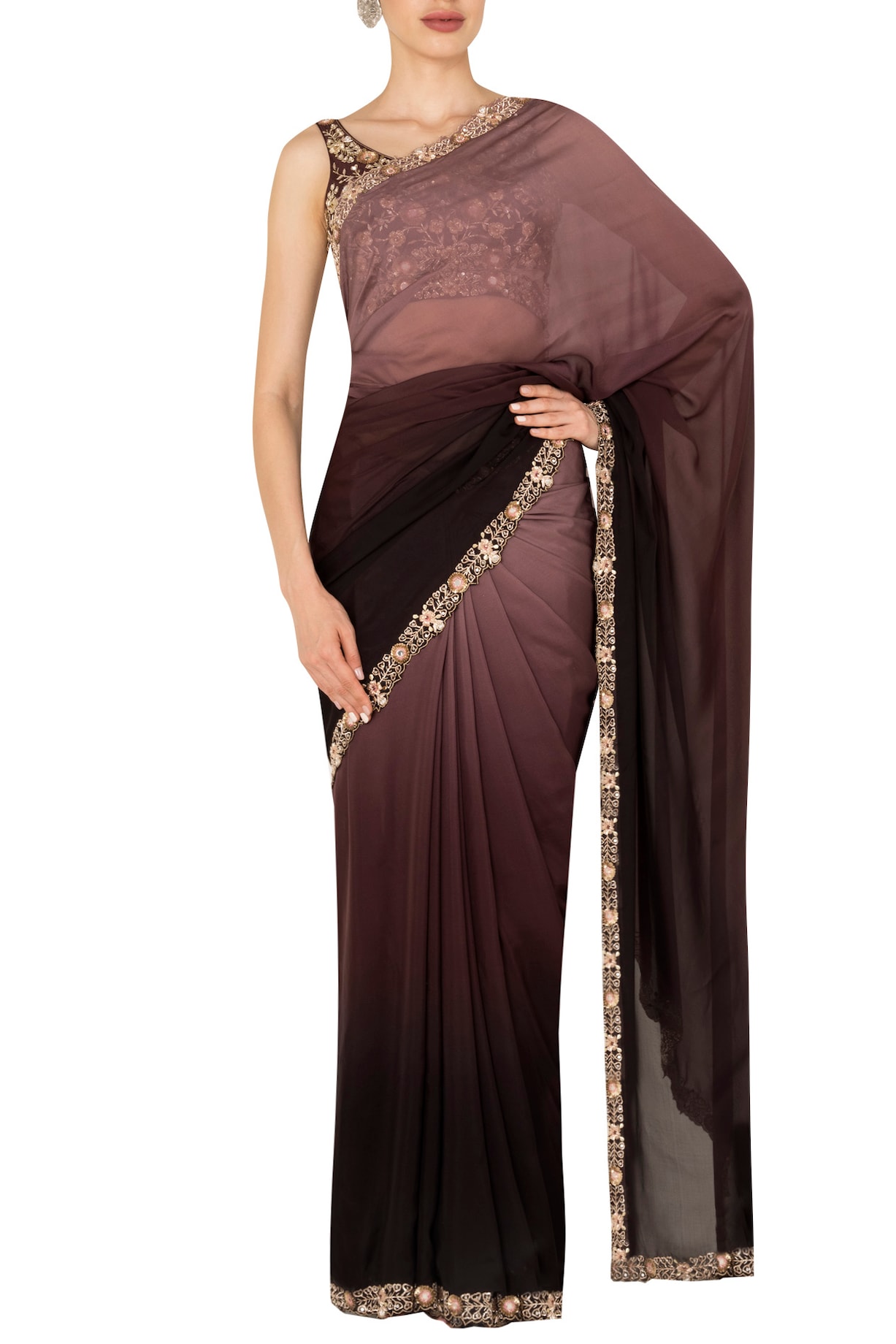 Black and purple dual shaded sari in flat chiffon and pure silk ...