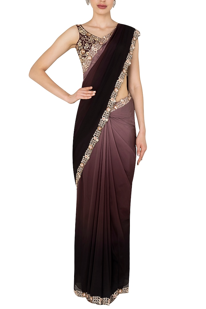 Black and purple dual shaded sari in flat chiffon and pure silk ...