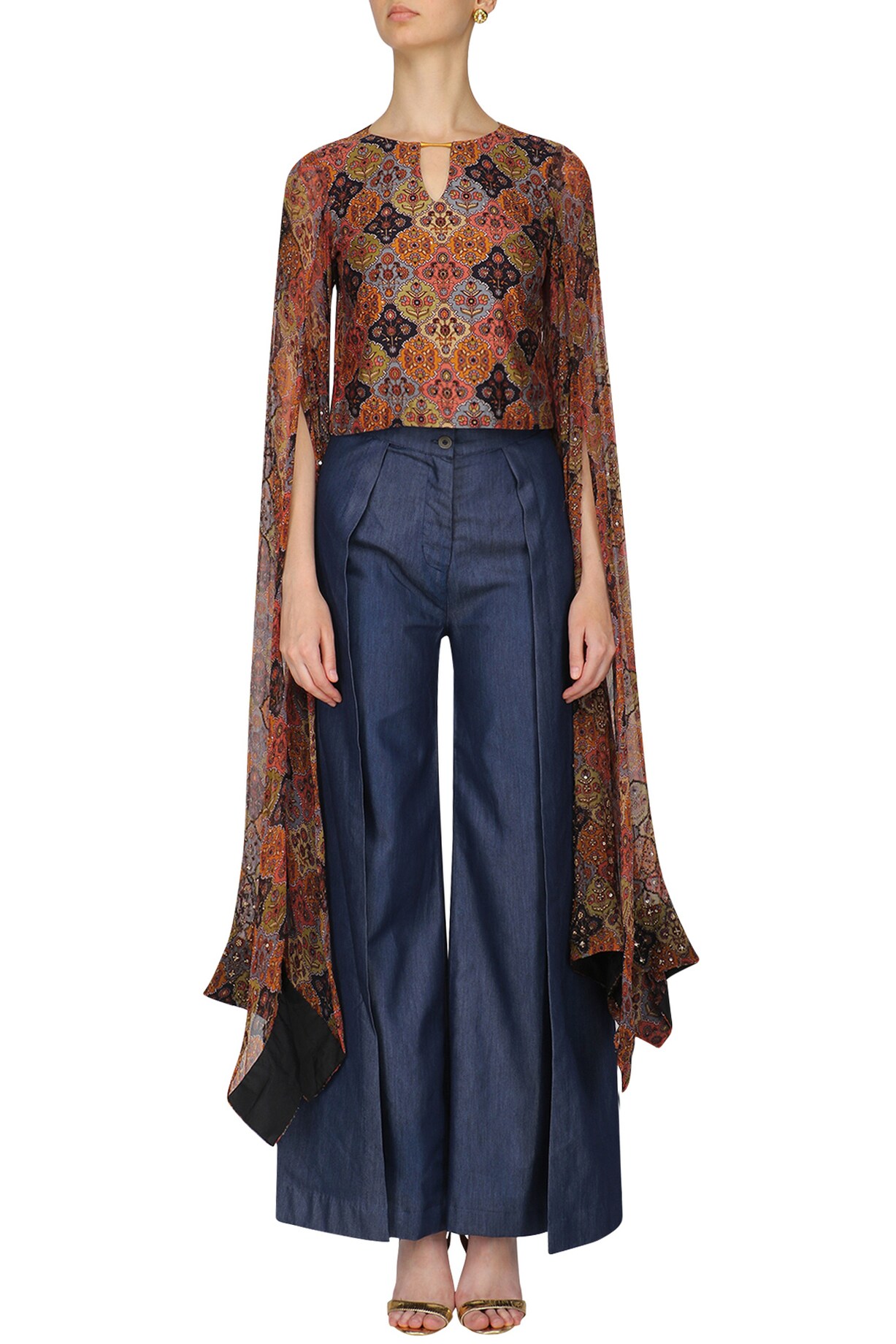 Multicolor vintage print top with denim flap pants available only at ...