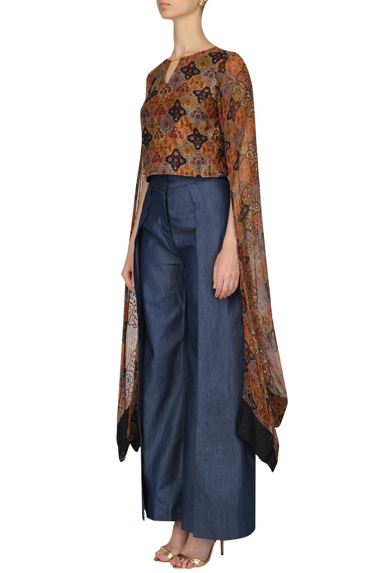 Multicolor vintage print top with denim flap pants available only at ...