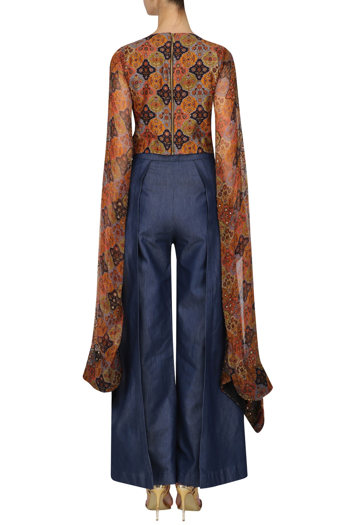 Multicolor vintage print top with denim flap pants available only at ...