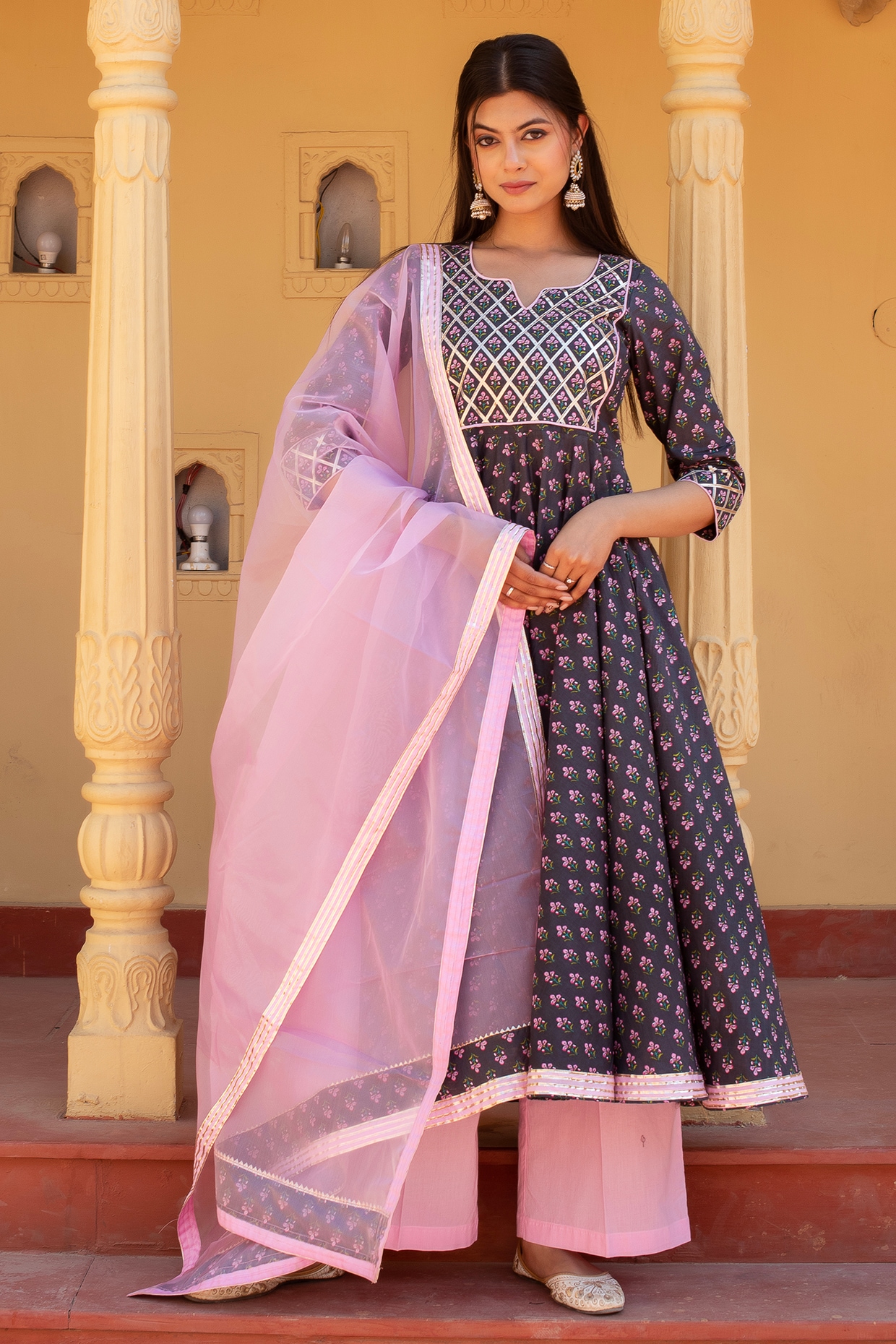Grey Cotton Hand Block Printed & Gota Patti Work Anarkali Set by Pomcha ...