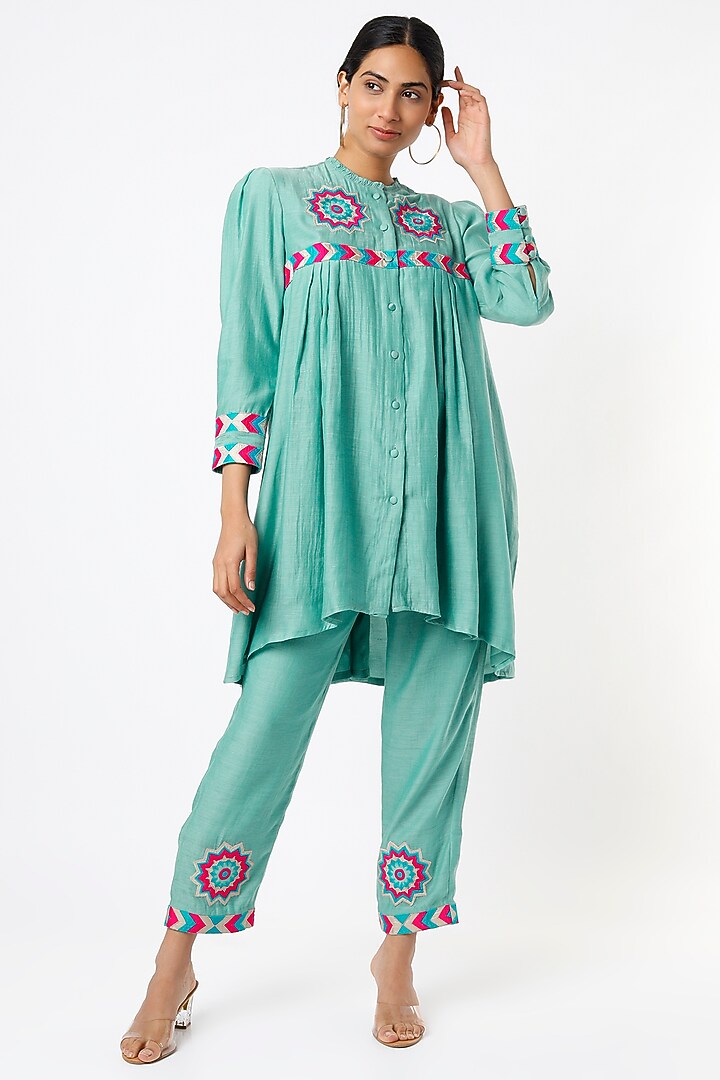Sea Blue Chanderi Silk Tunic Set by Made in Pinkcity at Pernia's Pop Up ...