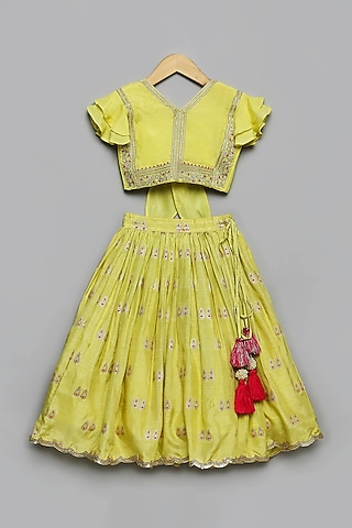 Lime Yellow Viscose Muslin Lehenga Set For Girls by Poochkie at Pernia ...
