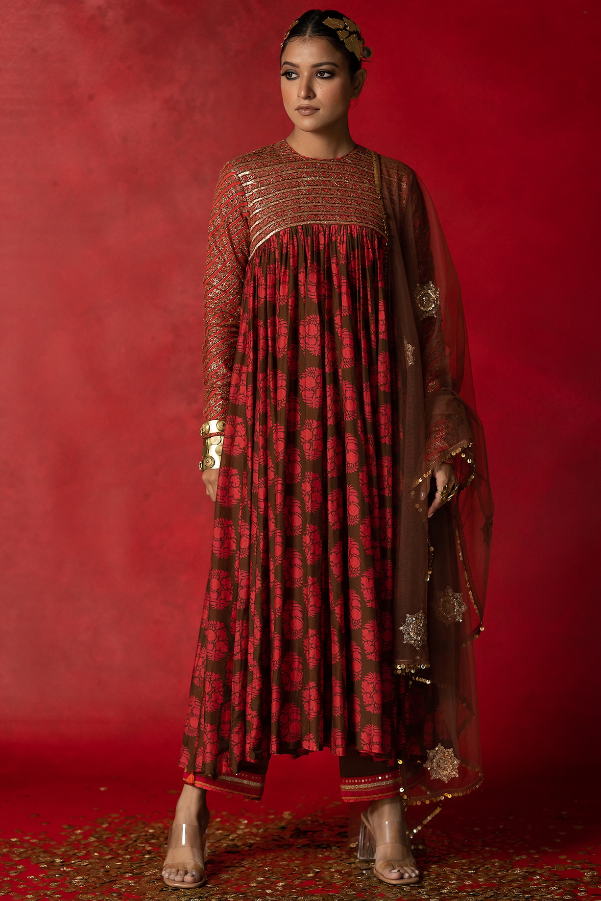 Brown Printed Anarkali Set by Pooja & Keyur at Pernia's Pop Up Shop 2025