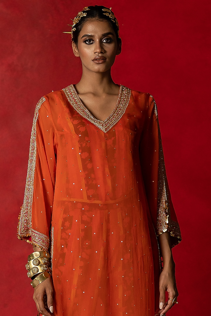 Orange Printed Co-Ord Set With Kurta Design by Pooja & Keyur at Pernia ...